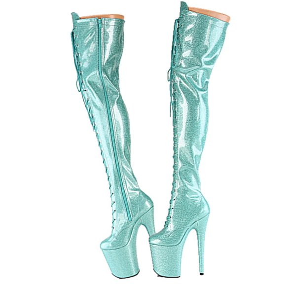 Pleaser | Shoes | Aqua Blue Glitter Patent 320 Lace Up Thigh High Platform Boots 8 Heels | Poshmark